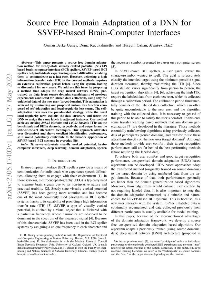 Source Free Domain Adaptation Of A Dnn For Ssvep Based Brain Computer Interfaces Deepai