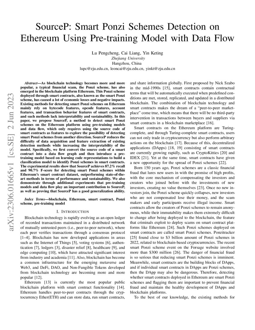 Sourcep Smart Ponzi Schemes Detection On Ethereum Using Pre Training Model With Data Flow Deepai