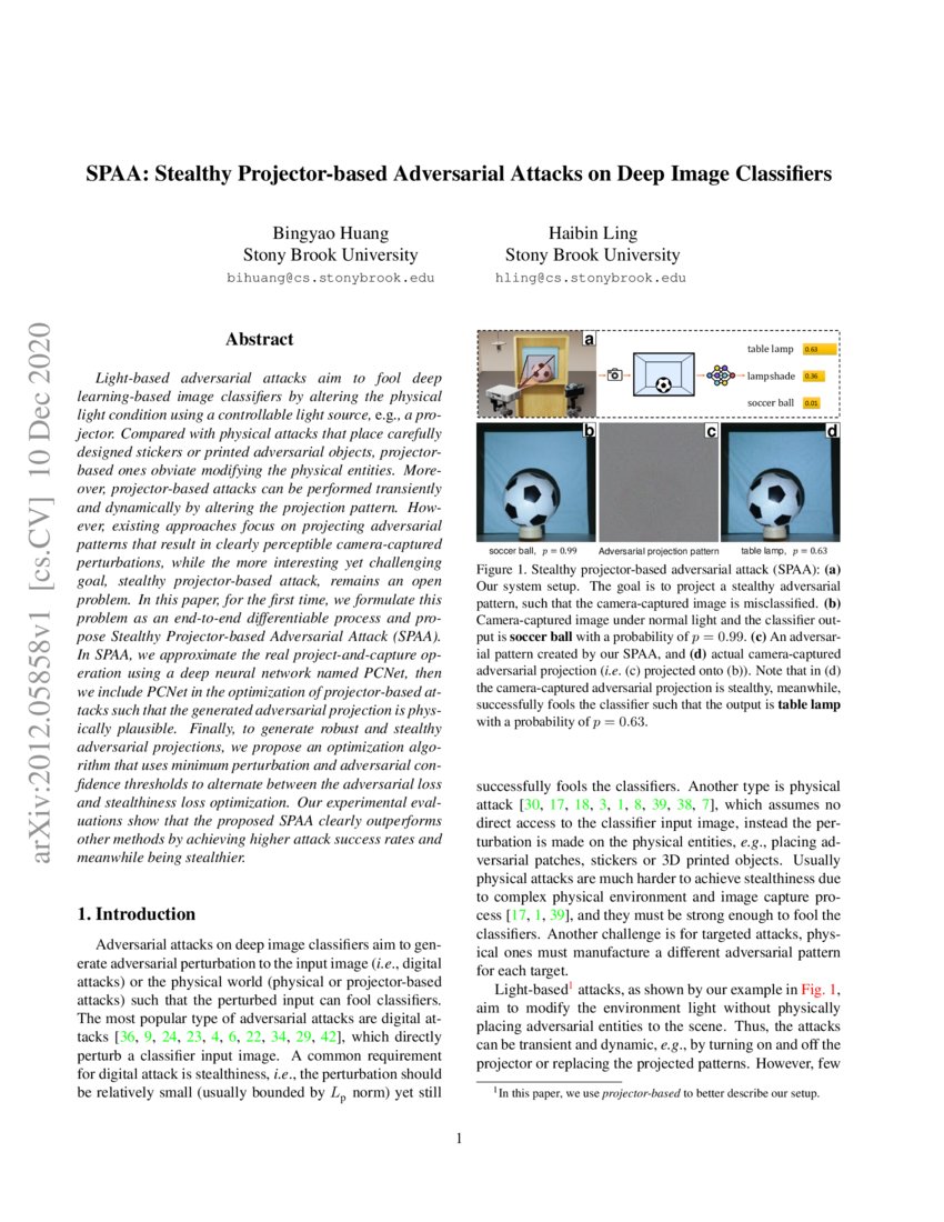 SPAA: Stealthy Projector-based Adversarial Attacks on Deep Image Classifiers | DeepAI