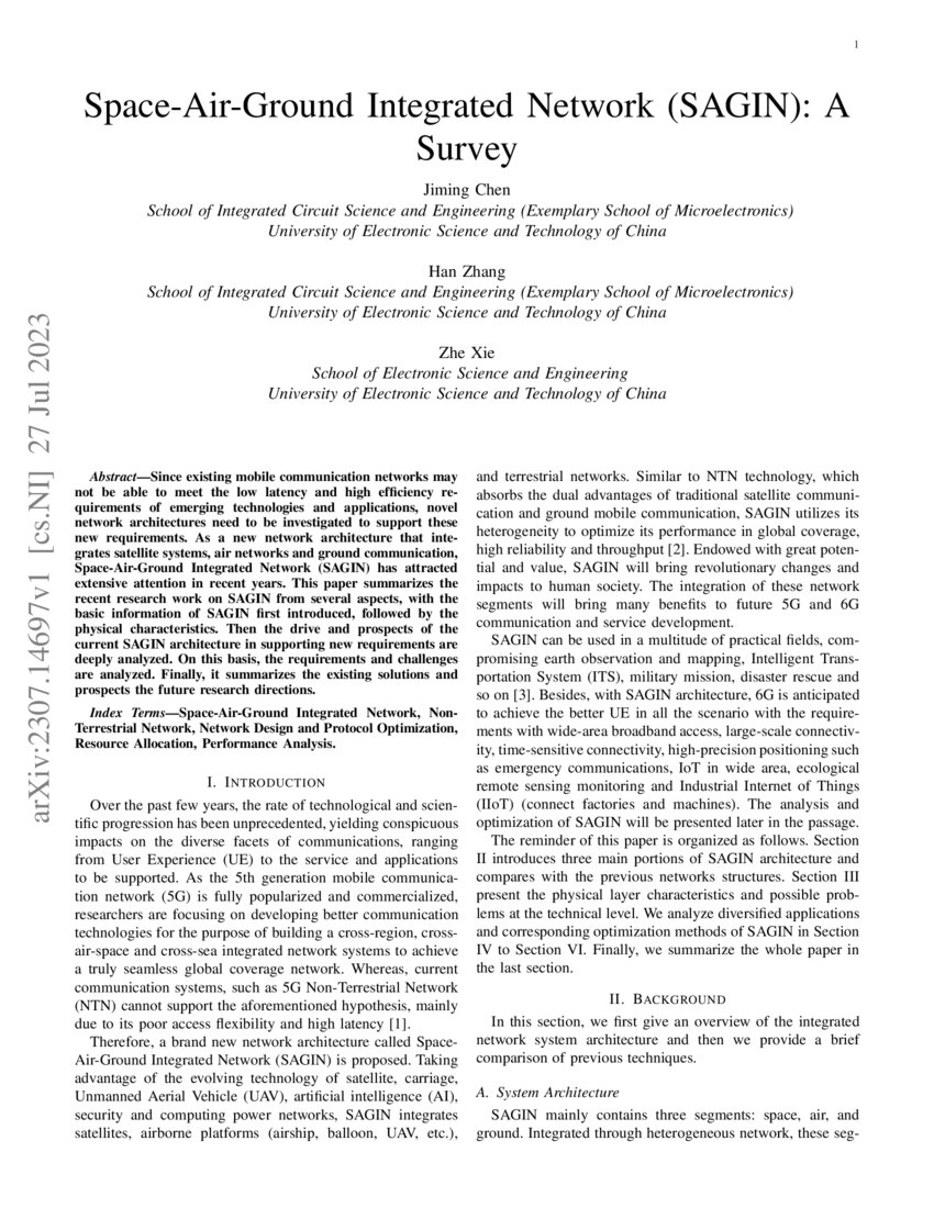 Space-Air-Ground Integrated Network (SAGIN): A Survey | DeepAI