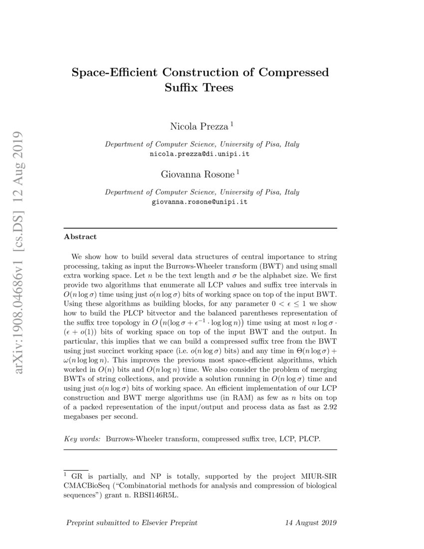 Space Efficient Construction Of Compressed Suffix Trees Deepai