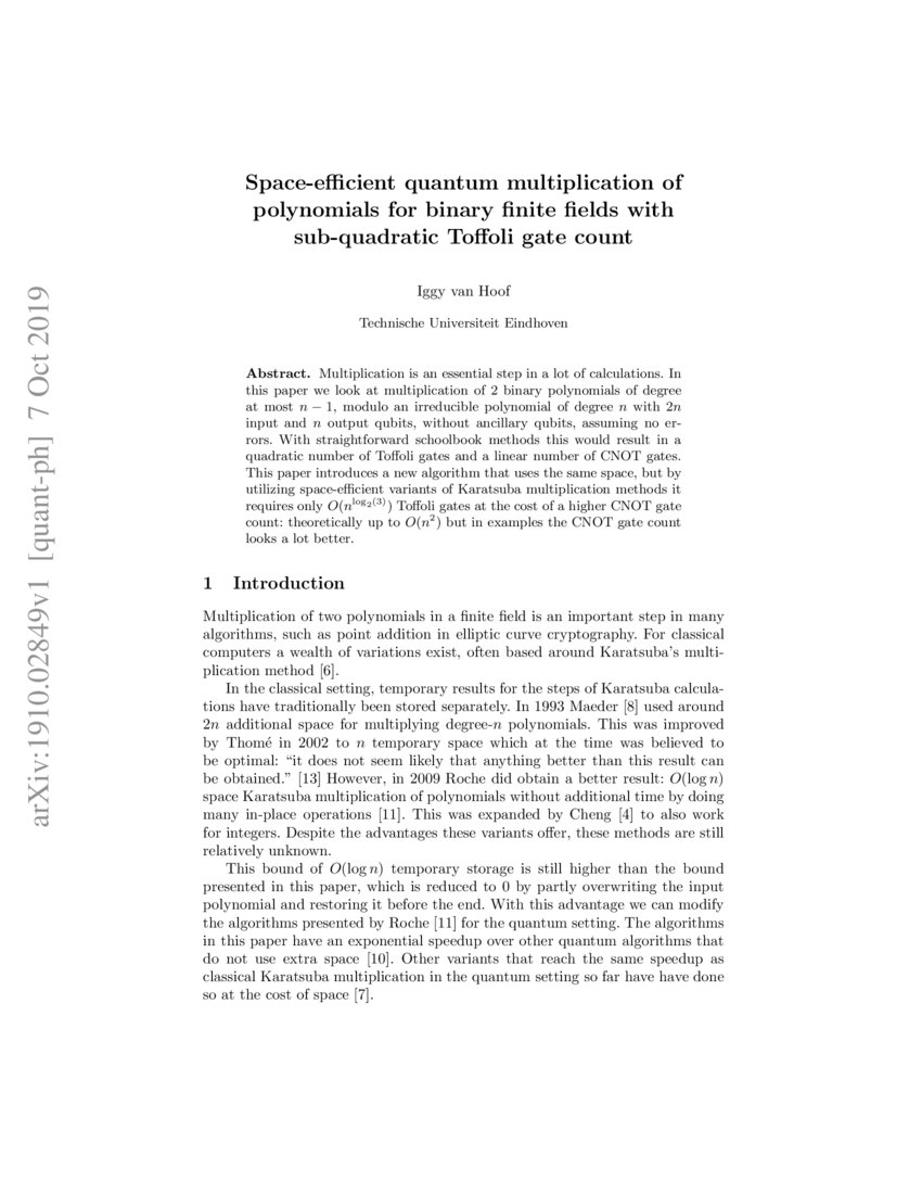 Space-efficient quantum multiplication of polynomials for binary finite fields with sub ...