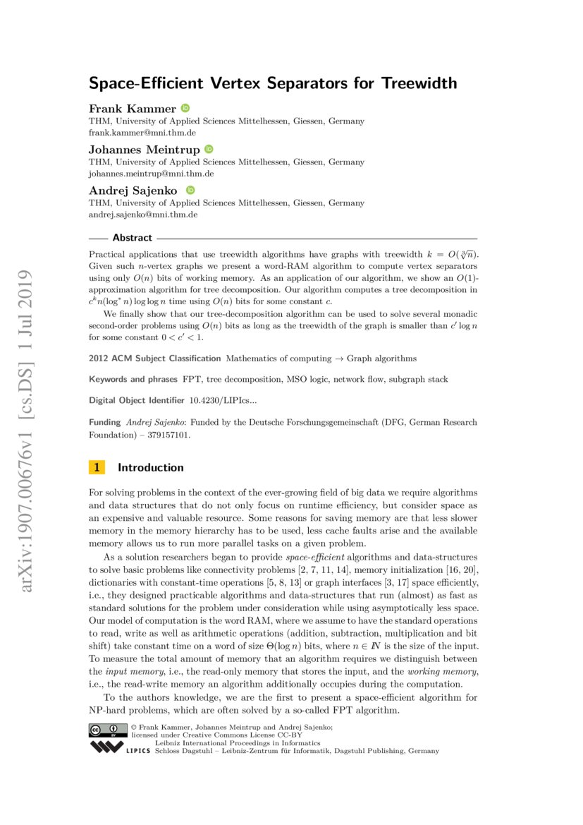 Space-Efficient Vertex Separators for Treewidth | DeepAI