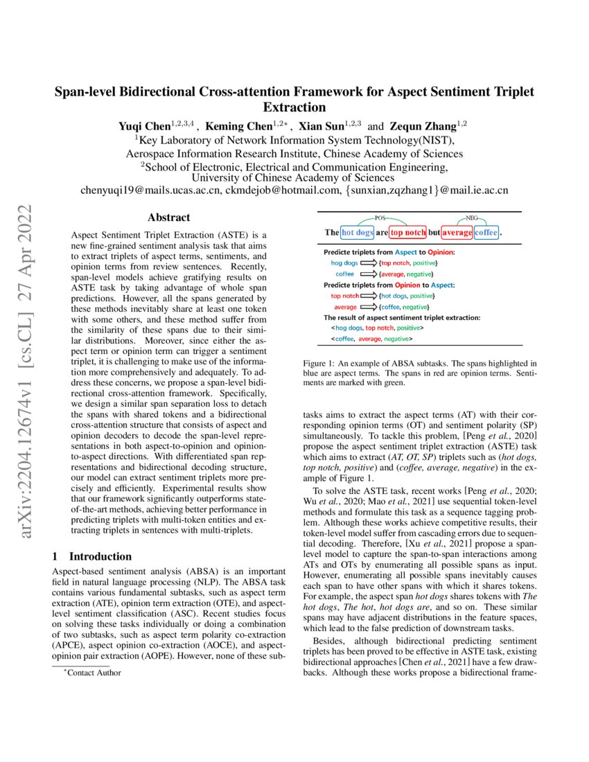 Span Level Bidirectional Cross Attention Framework For Aspect Sentiment Triplet Extraction Deepai