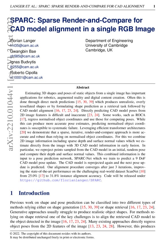 Sparc Sparse Render And Compare For Cad Model Alignment In A Single Rgb Image Deepai