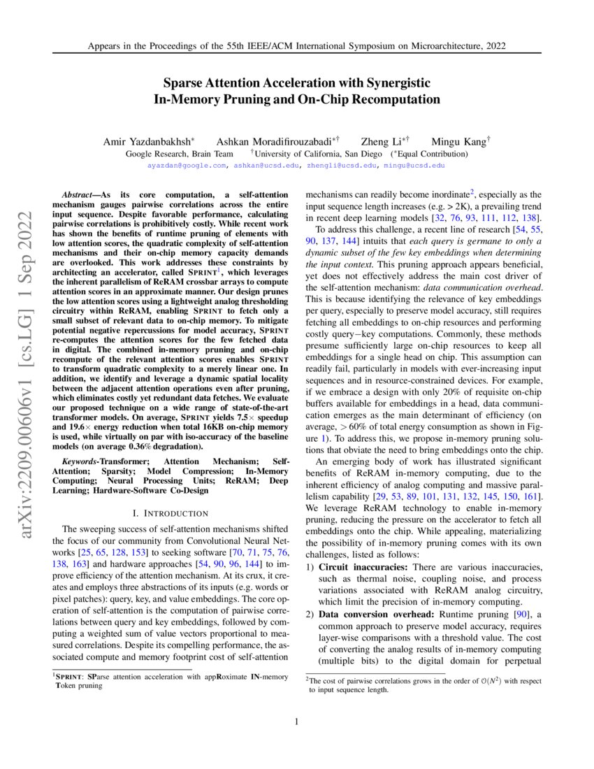 Sparse Attention Acceleration With Synergistic In Memory Pruning And On Chip Recomputation Deepai