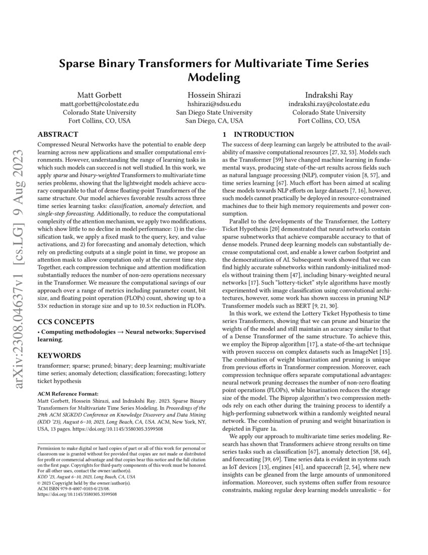 Sparse Binary Transformers For Multivariate Time Series Modeling Deepai