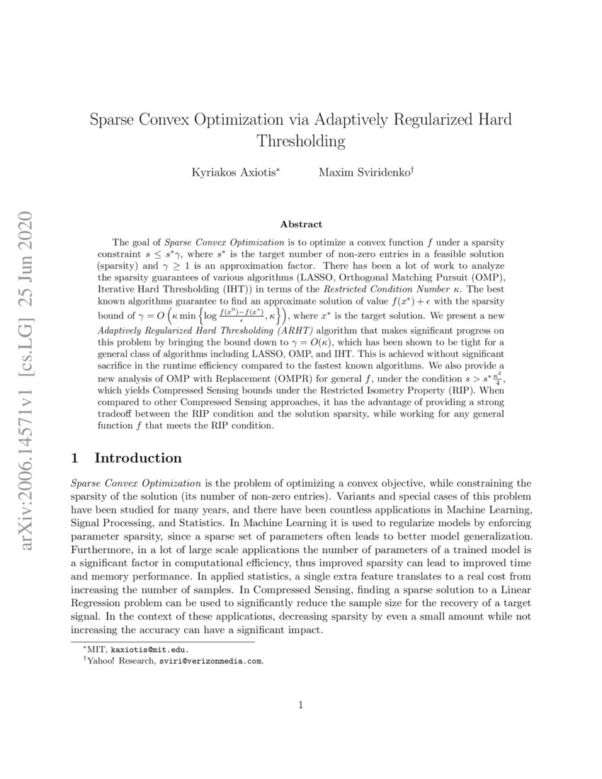 Sparse Convex Optimization Via Adaptively Regularized Hard Thresholding Deepai