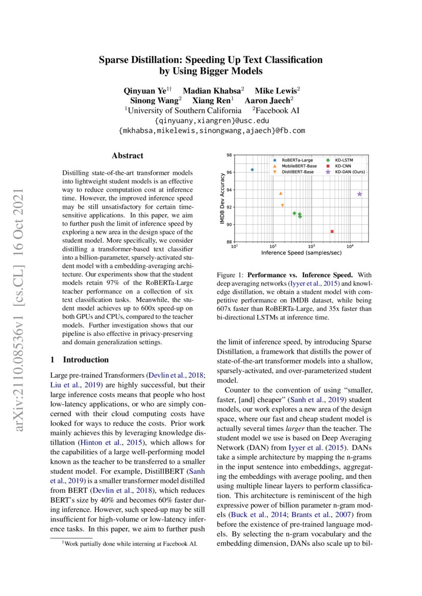 Sparse Distillation: Speeding Up Text Classification by Using Bigger Models | DeepAI