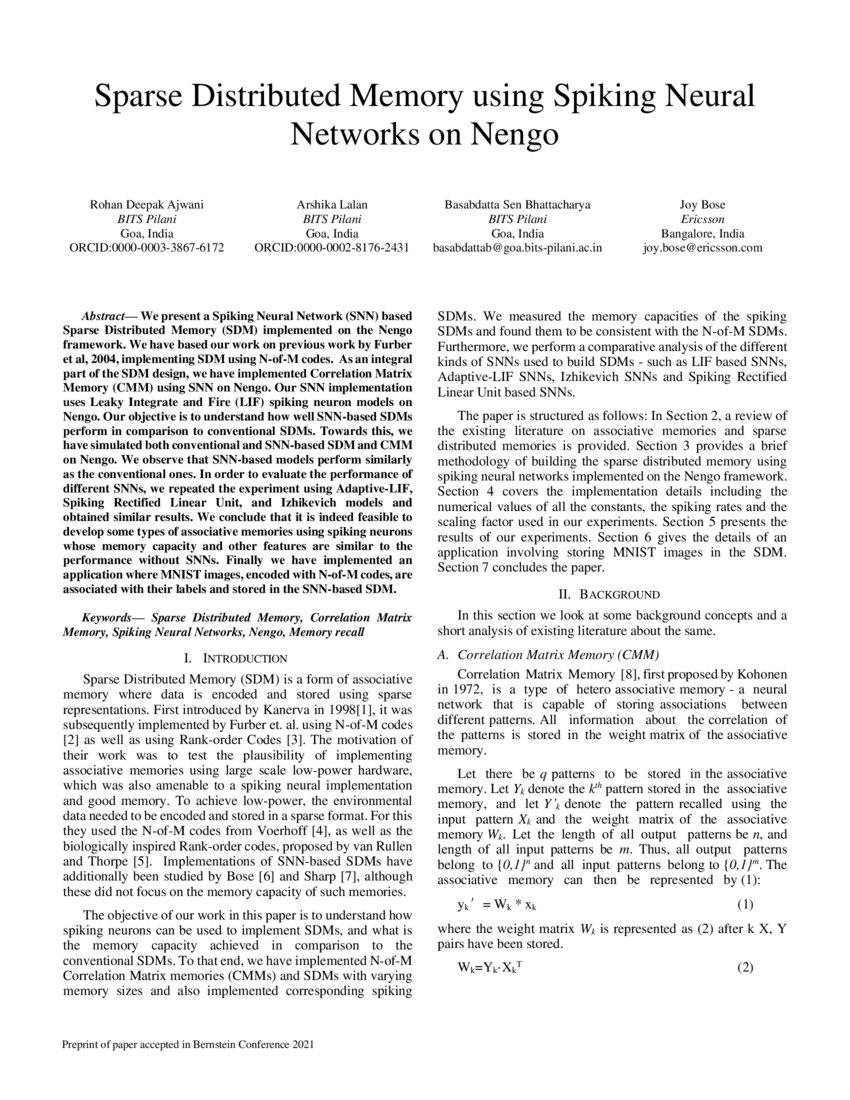Sparse Distributed Memory Using Spiking Neural Networks On Nengo Deepai