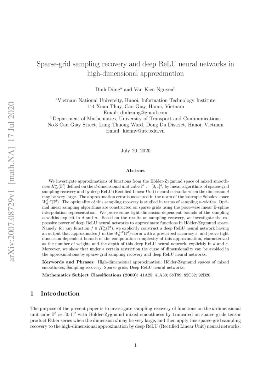 Sparse Grid Sampling Recovery And Deep Relu Neural Networks In High Dimensional Approximation