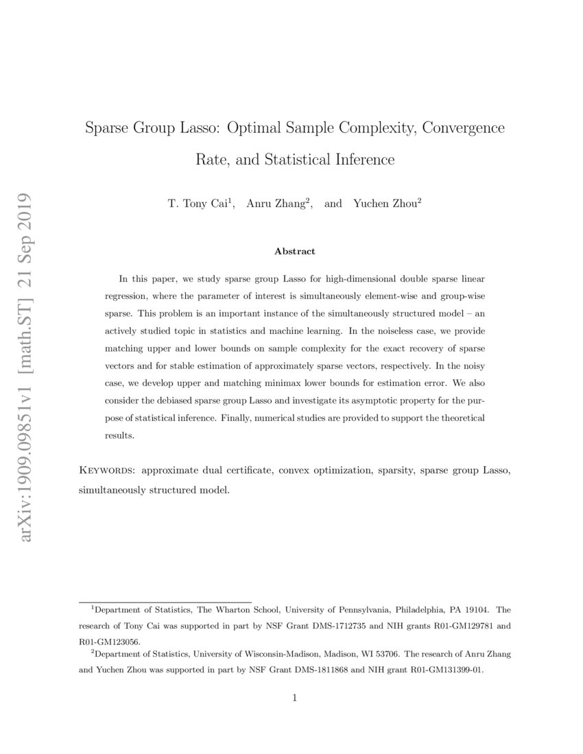 Sparse Group Lasso Optimal Sample Complexity Convergence Rate And Statistical Inference Deepai
