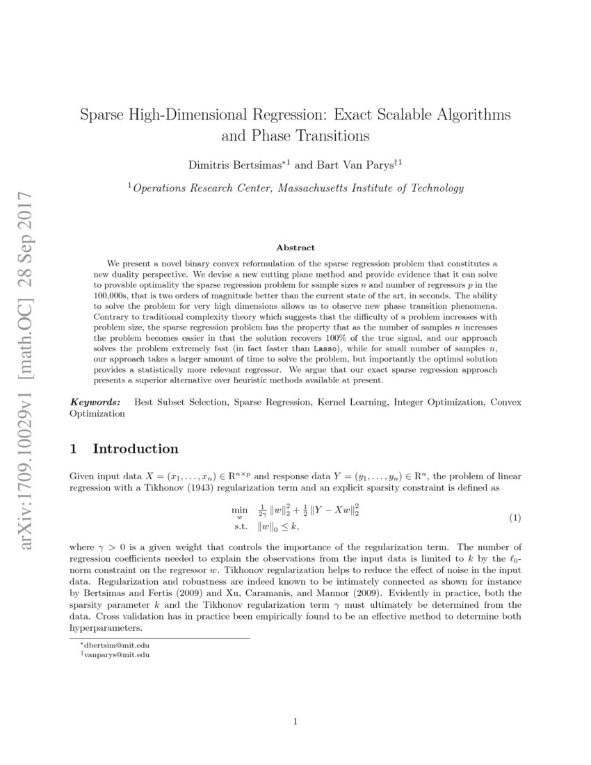 Sparse High Dimensional Regression Exact Scalable Algorithms And Phase Transitions Deepai