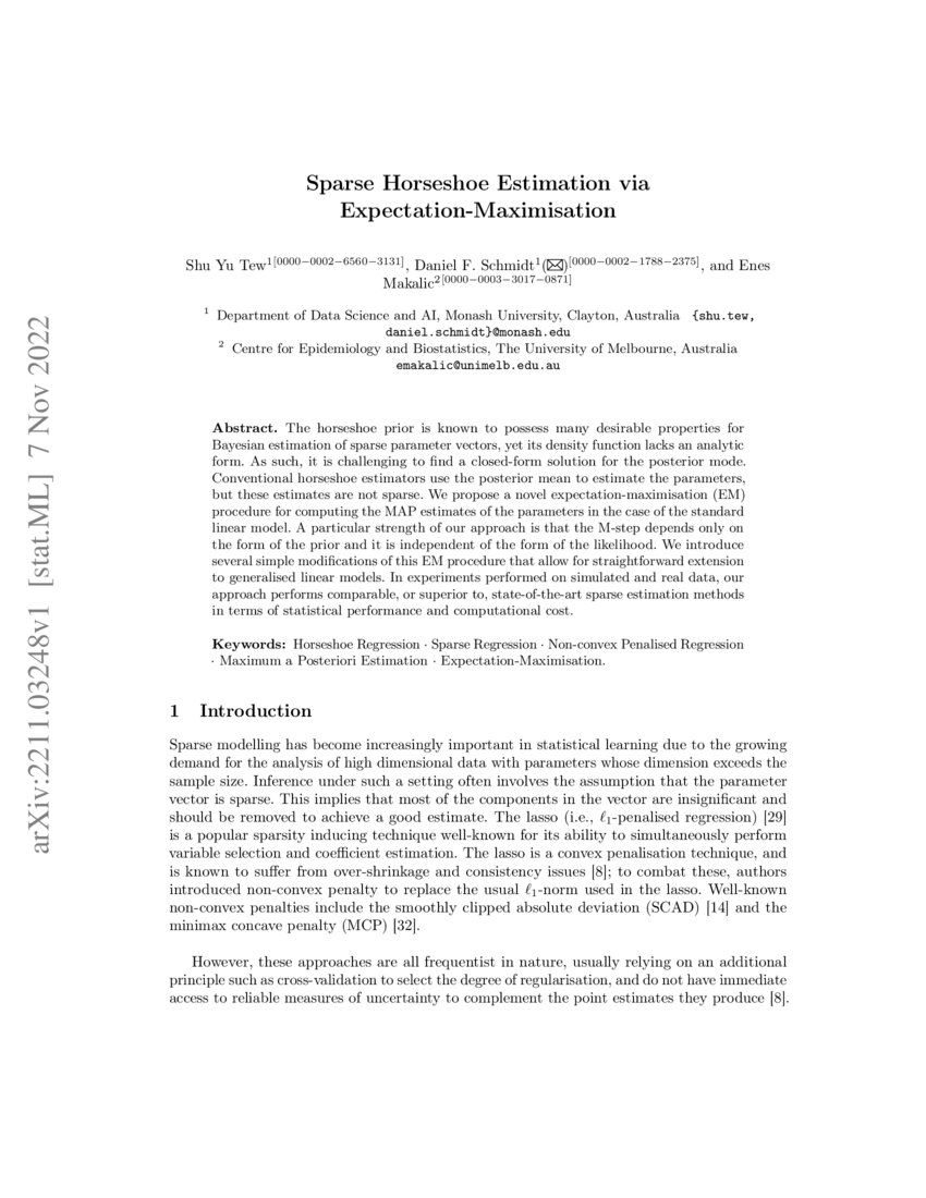 Sparse Horseshoe Estimation via Expectation-Maximisation | DeepAI Sparse Horseshoe Estimation via Expectation-Maximisation | DeepAI