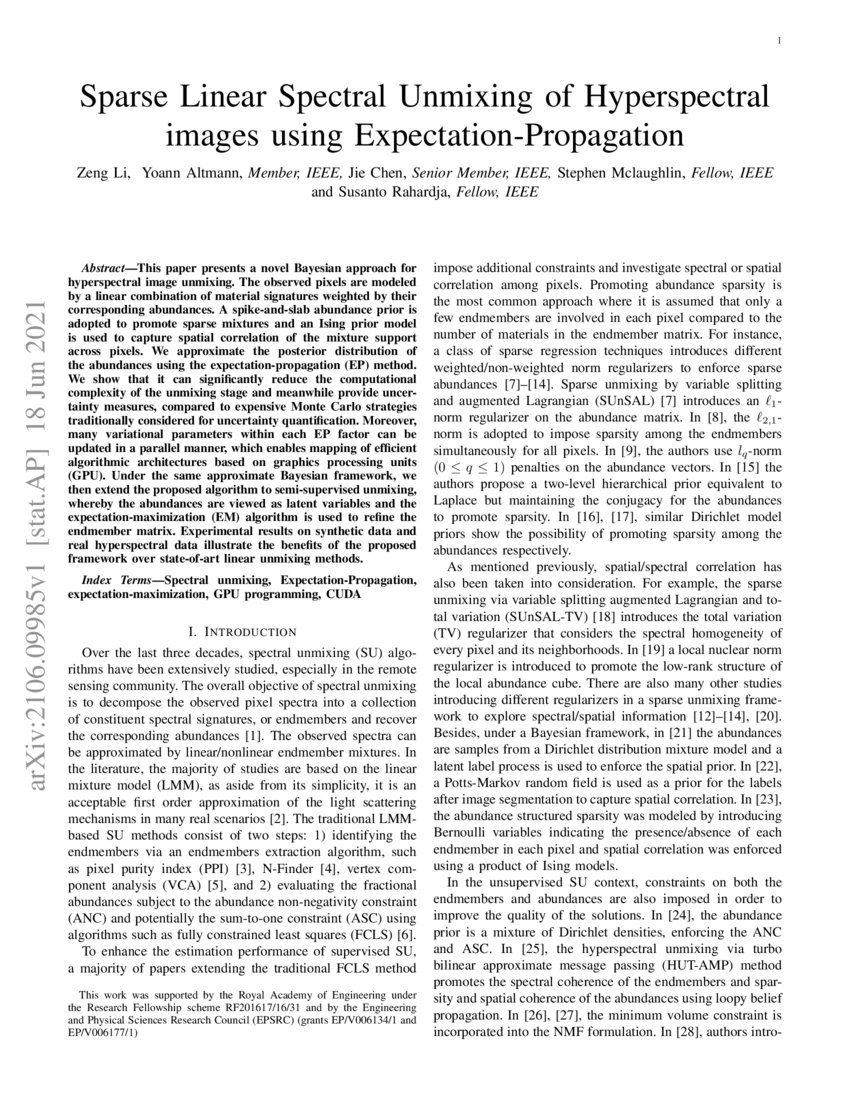 Sparse Linear Spectral Unmixing of Hyperspectral images using Expectation-Propagation | DeepAI