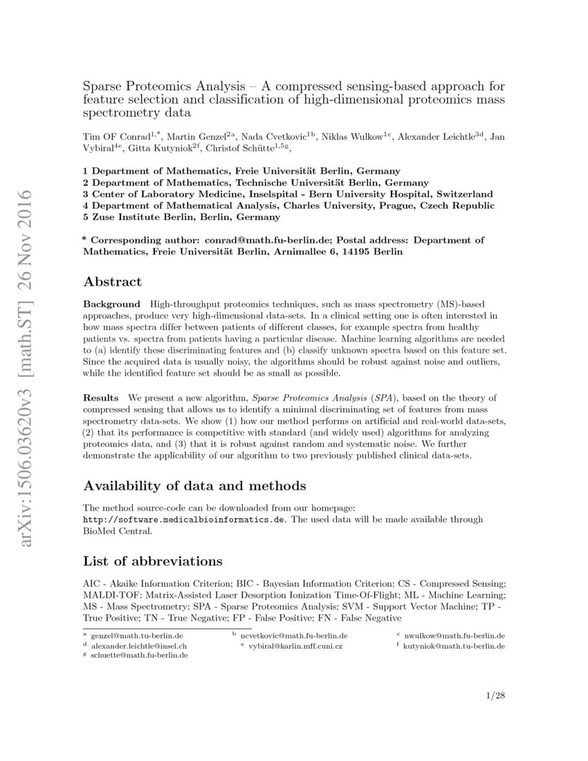 Sparse Proteomics Analysis A Compressed Sensing Based Approach For Feature Selection And