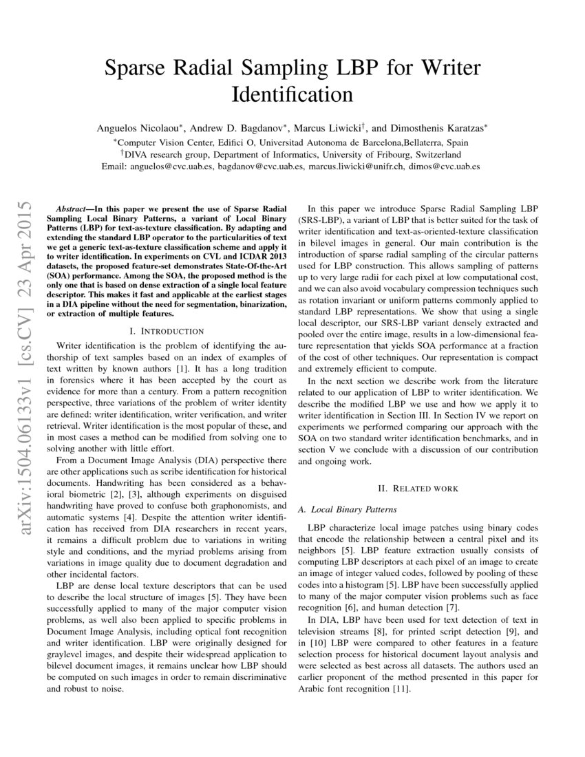 Sparse Radial Sampling LBP for Writer Identification | DeepAI