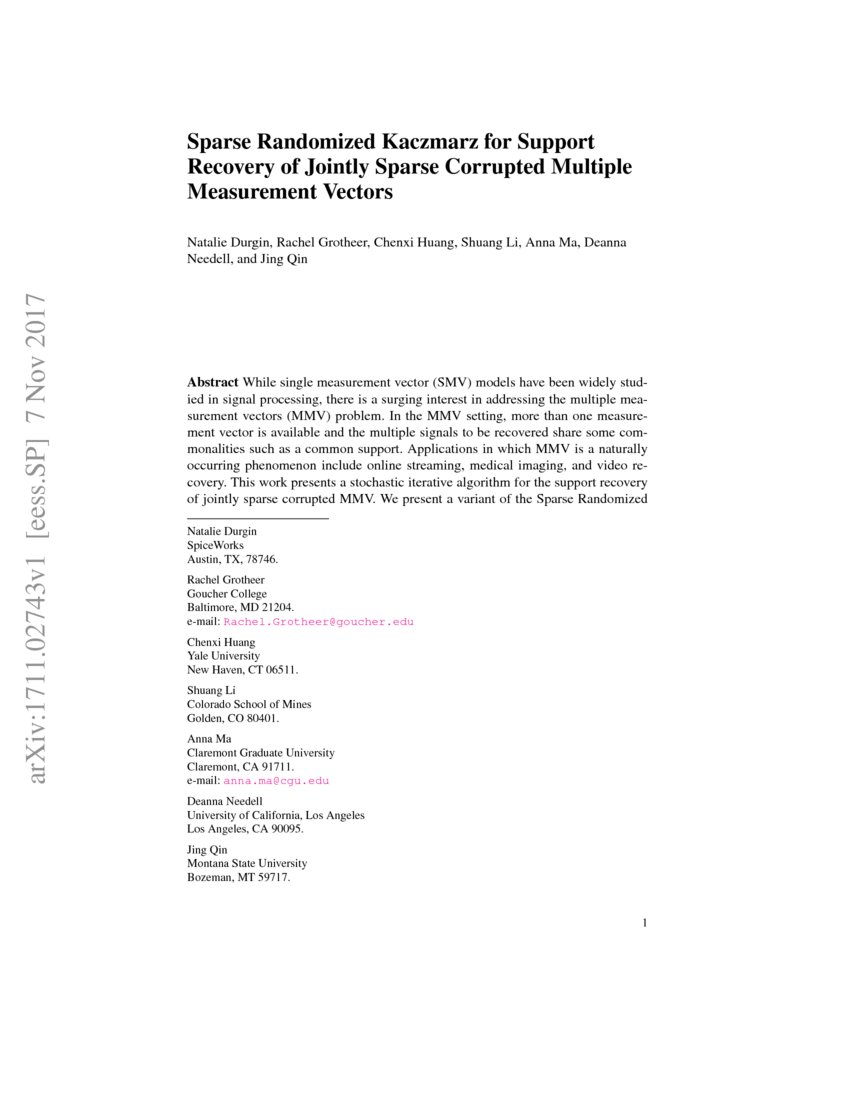 Sparse Randomized Kaczmarz for Support Recovery of Jointly Sparse Corrupted Multiple Measurement ...