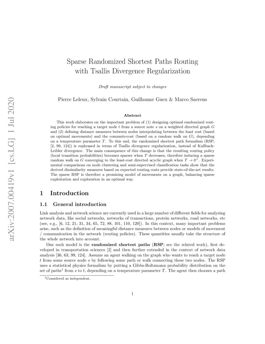 Sparse Randomized Shortest Paths Routing With Tsallis Divergence Regularization Deepai