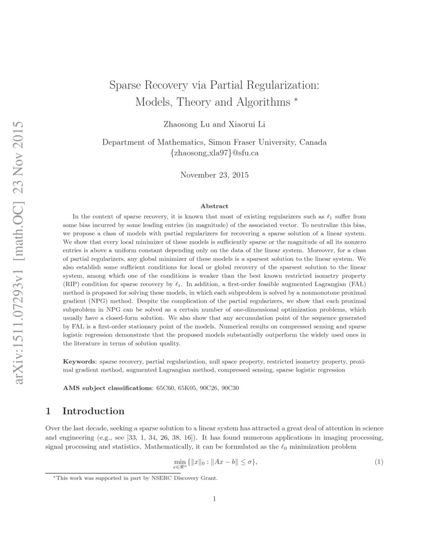 Sparse Recovery via Partial Regularization: Models, Theory and ... Sparse Recovery via Partial Regularization: Models, Theory and ...