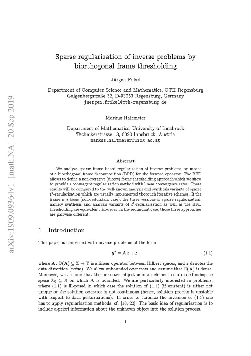 Sparse Regularization Of Inverse Problems By Biorthogonal Frame Thresholding Deepai
