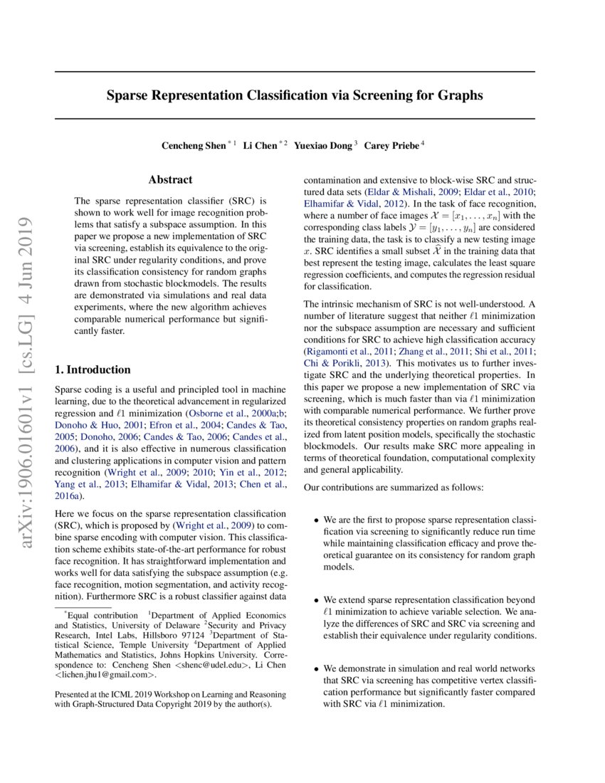Sparse Representation Classification Via Screening For Graphs Deepai