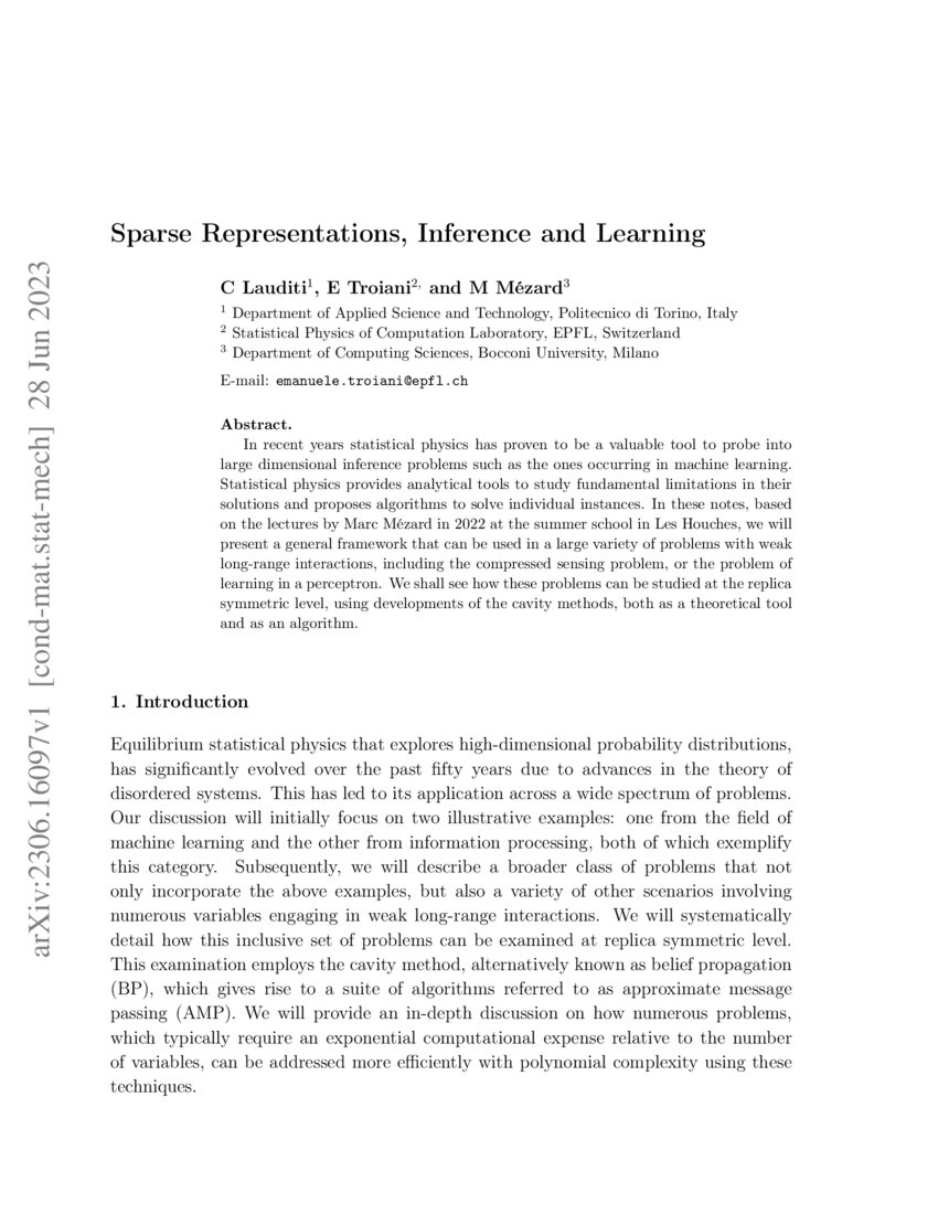 Sparse Representations, Inference and Learning | DeepAI