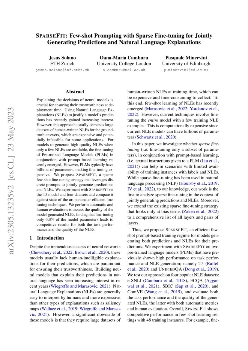 Sparsefit Few Shot Prompting With Sparse Fine Tuning For Jointly Generating Predictions And