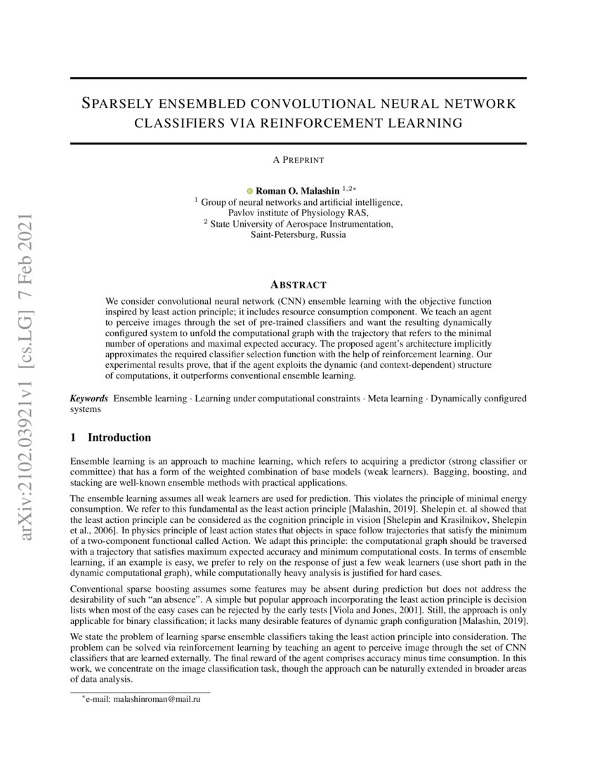 Sparsely ensembled convolutional neural network classifiers via reinforcement learning | DeepAI
