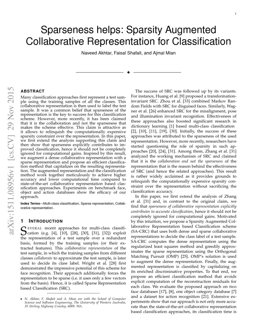 Sparseness helps: Sparsity Augmented Collaborative Representation for Classification | DeepAI