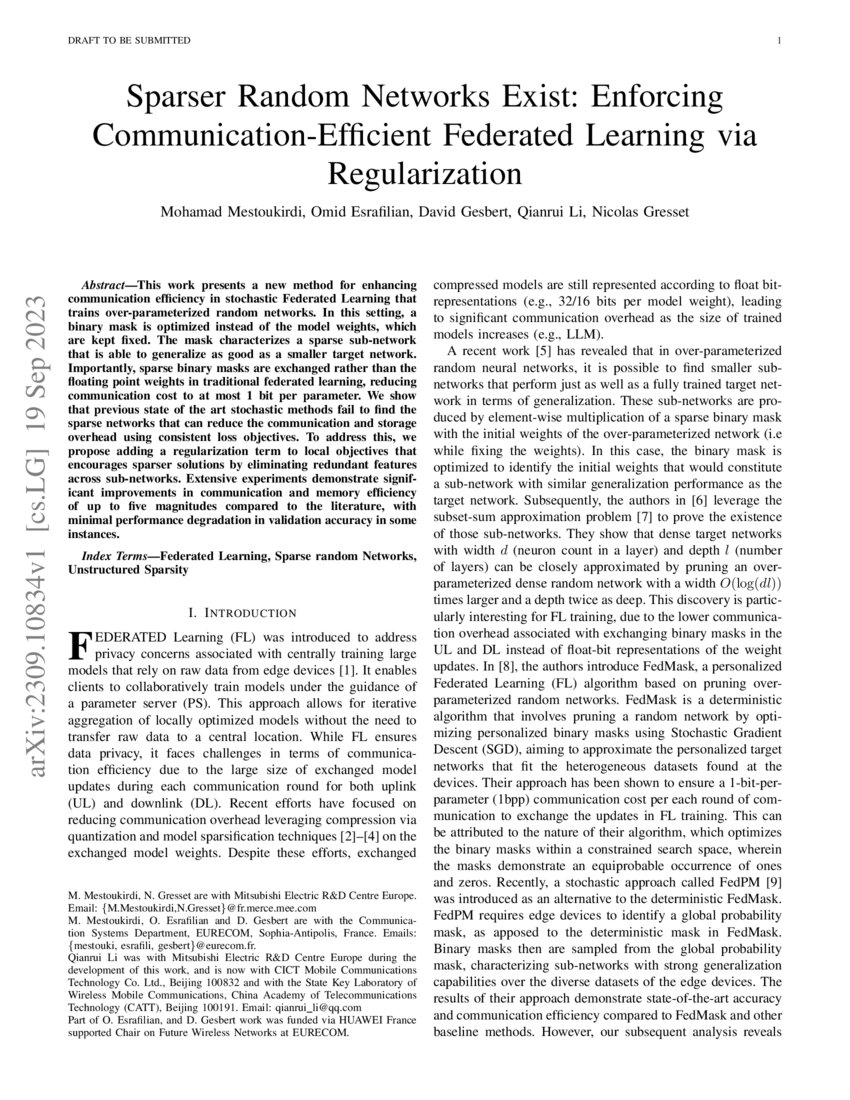 Sparser Random Networks Exist Enforcing Communication Efficient Federated Learning Via