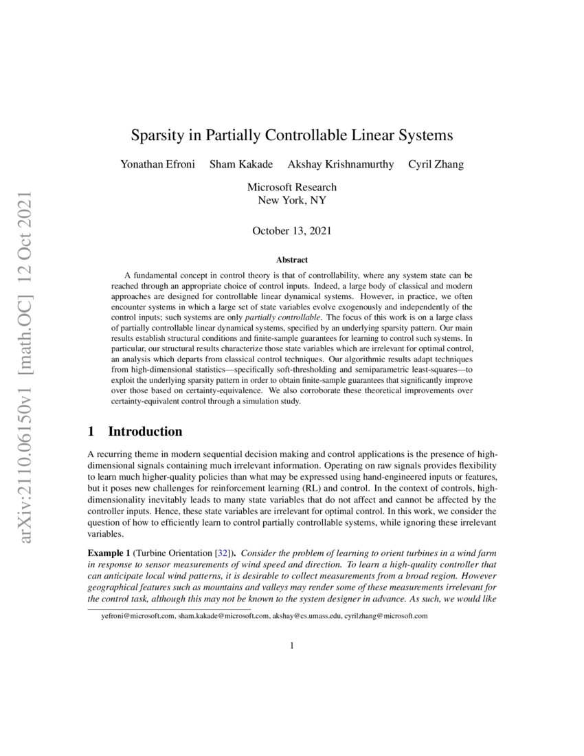 Sparsity in Partially Controllable Linear Systems | DeepAI