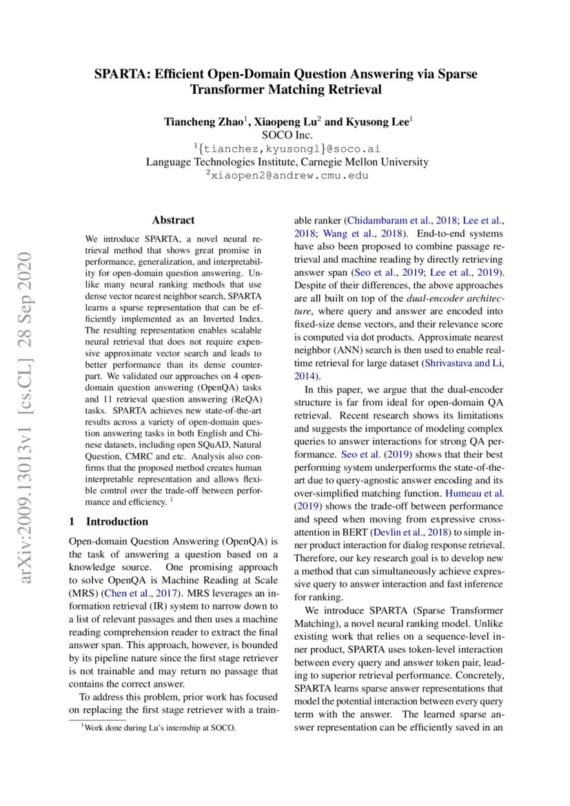 Sparta Efficient Open Domain Question Answering Via Sparse Transformer Matching Retrieval Deepai 8787
