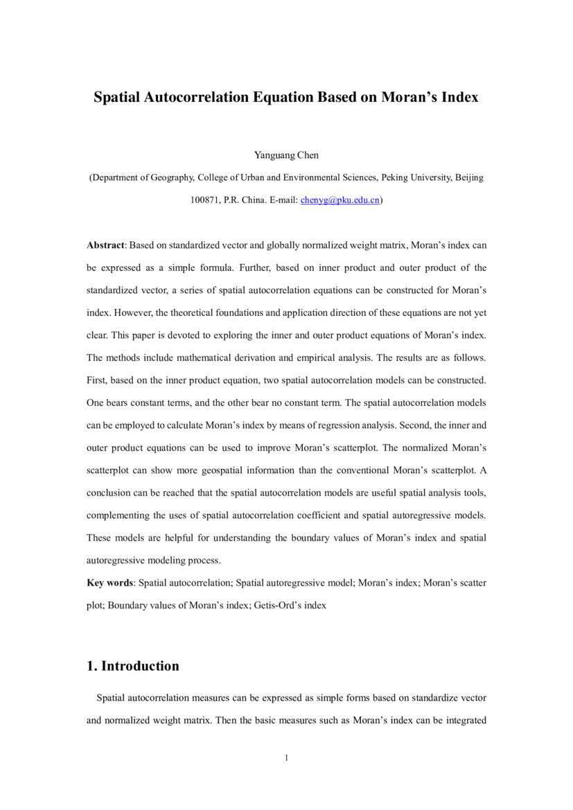 Spatial Autocorrelation Equation Based on Moran's Index | DeepAI