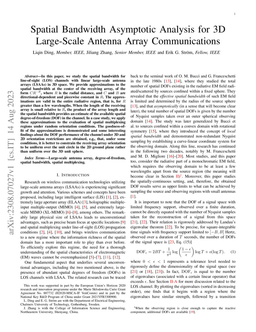 Spatial Bandwidth Asymptotic Analysis For 3d Large Scale Antenna Array Communications Deepai