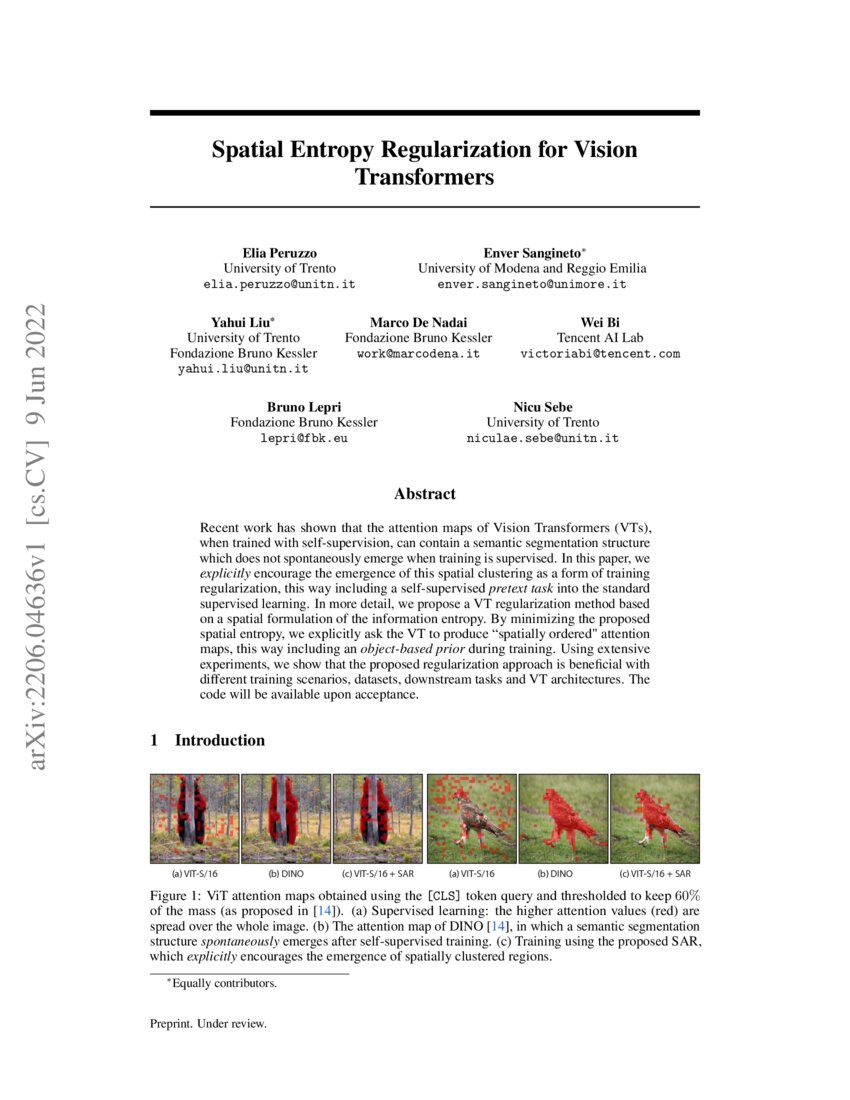 Spatial Entropy Regularization for Vision Transformers | DeepAI