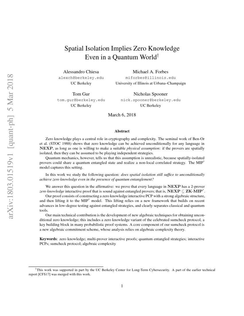 Spatial Isolation Implies Zero Knowledge Even in a Quantum World | DeepAI