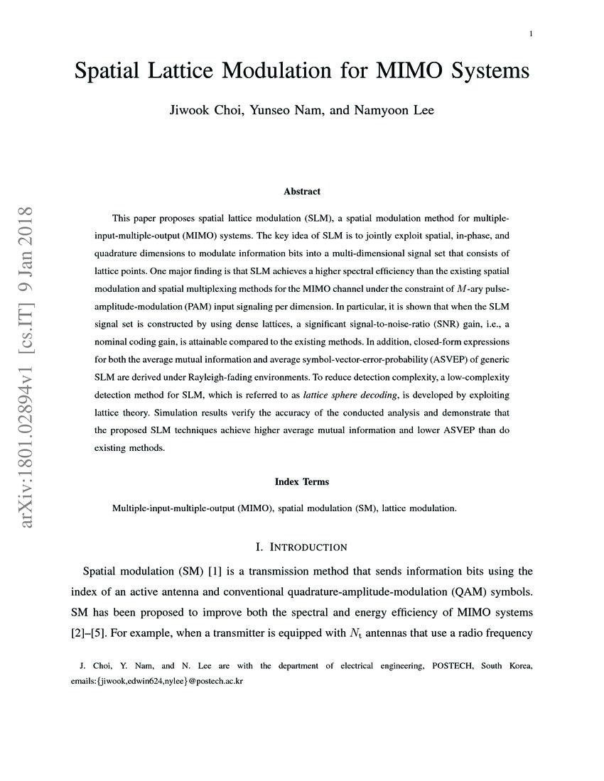 Spatial Lattice Modulation For Mimo Systems Deepai