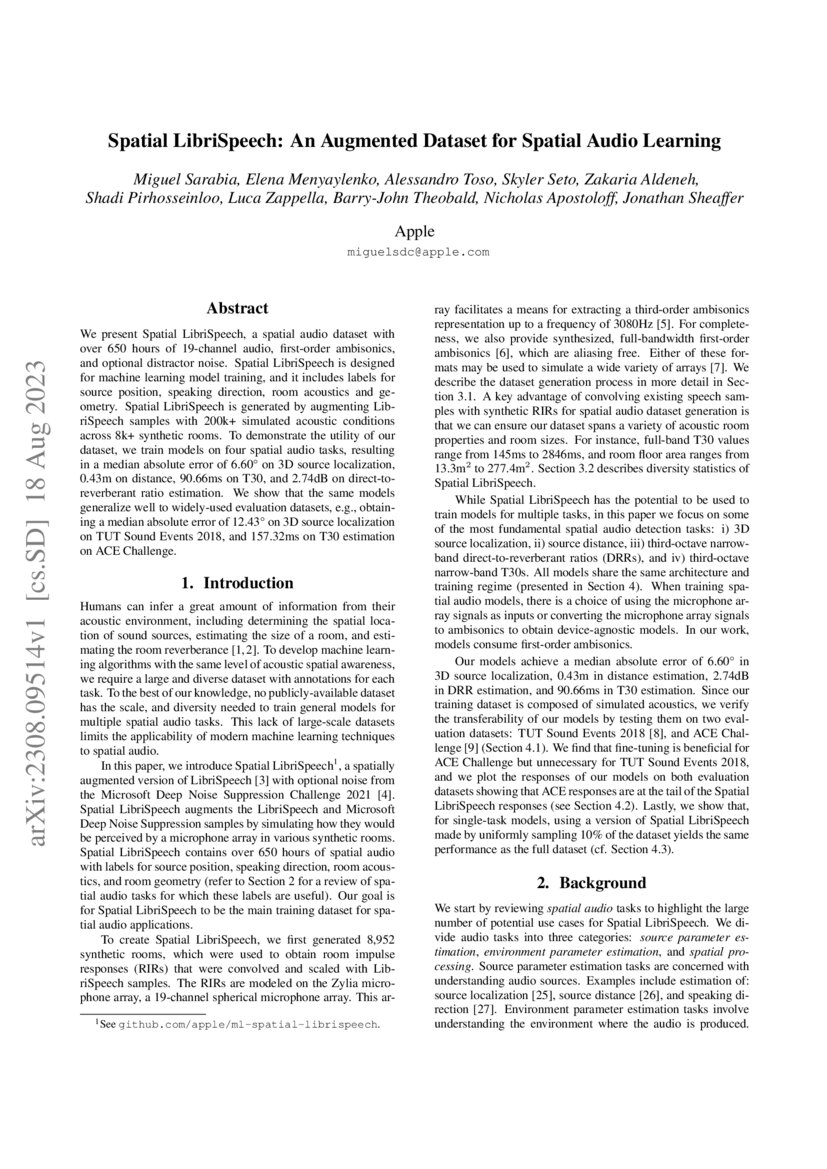 Spatial LibriSpeech: An Augmented Dataset for Spatial Audio Learning | DeepAI