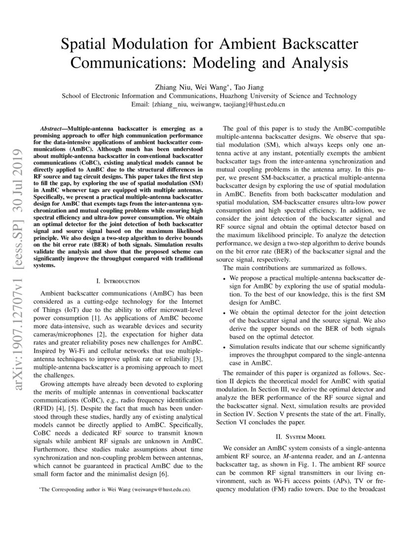 Spatial Modulation for Ambient Backscatter Communications: Modeling and ...