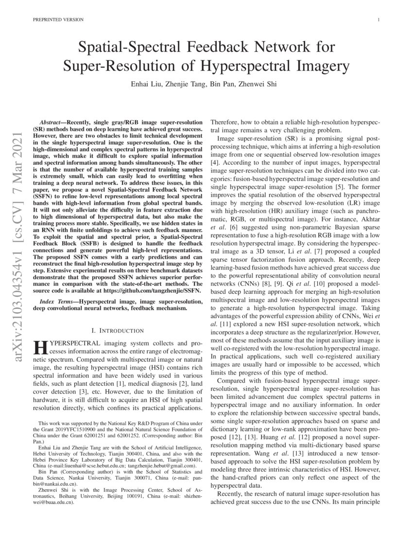 Spatial-Spectral Feedback Network for Super-Resolution of Hyperspectral Imagery | DeepAI