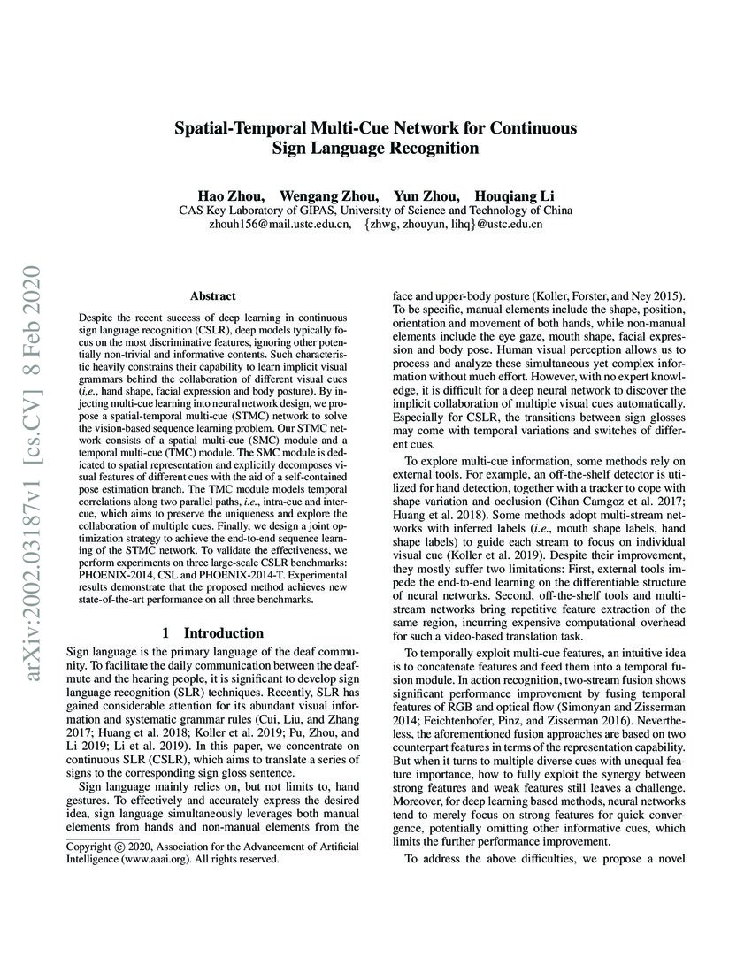 Spatial-Temporal Multi-Cue Network for Continuous Sign Language Recognition | DeepAI