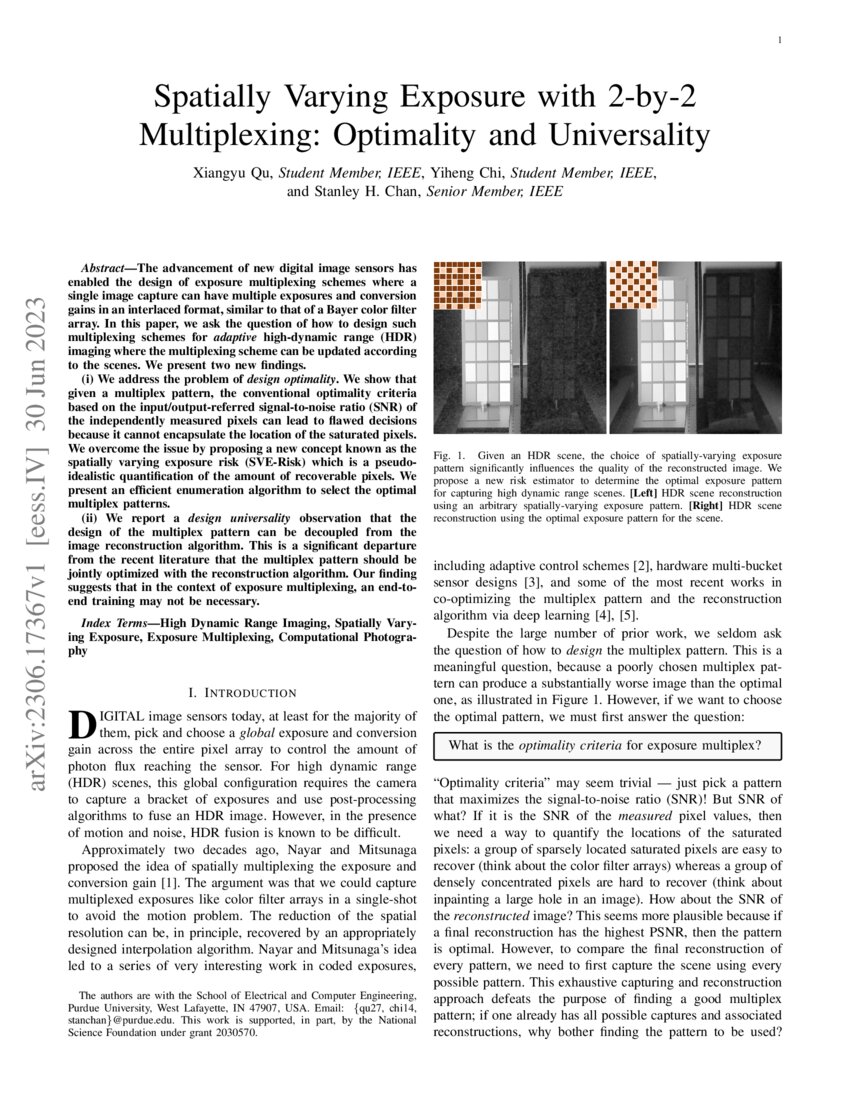 Spatially Varying Exposure with 2-by-2 Multiplexing: Optimality and ...