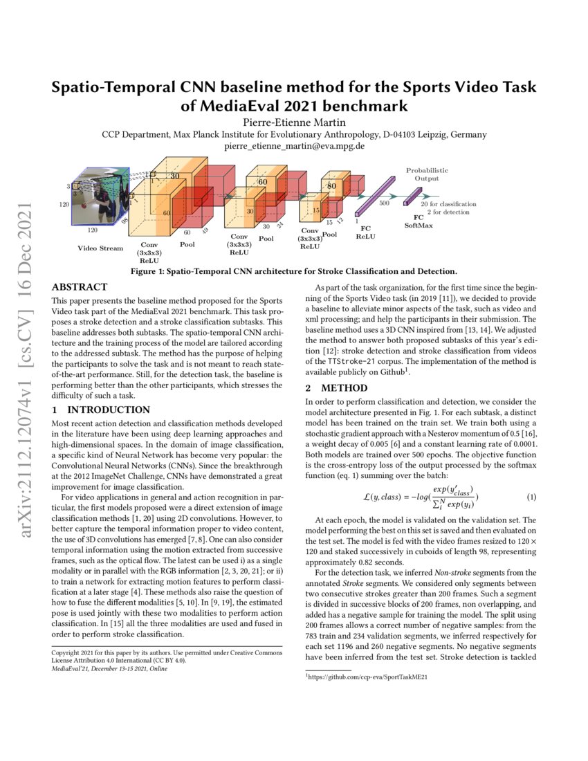Spatio Temporal Cnn Baseline Method For The Sports Video Task Of