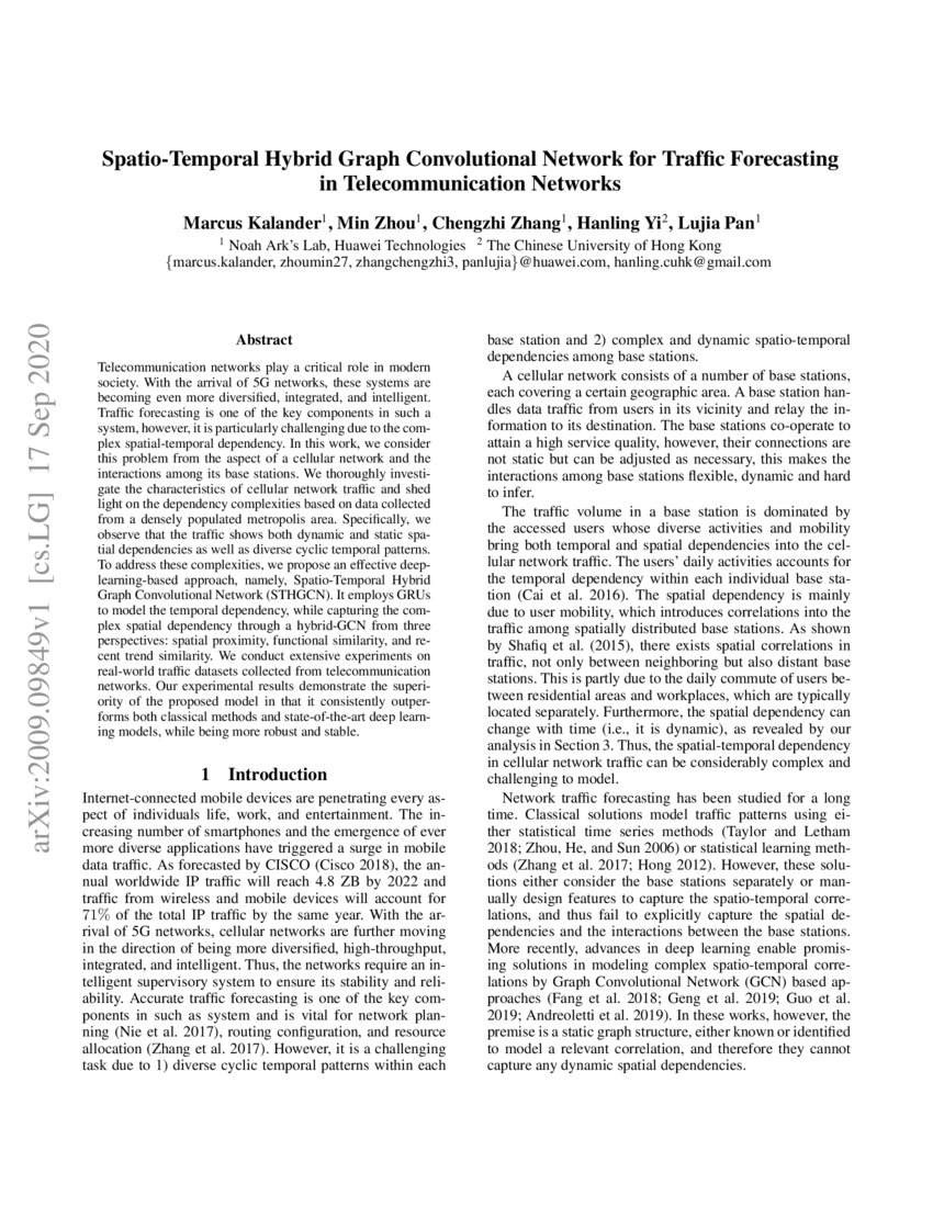 Spatio Temporal Hybrid Graph Convolutional Network For Traffic Forecasting In Telecommunication