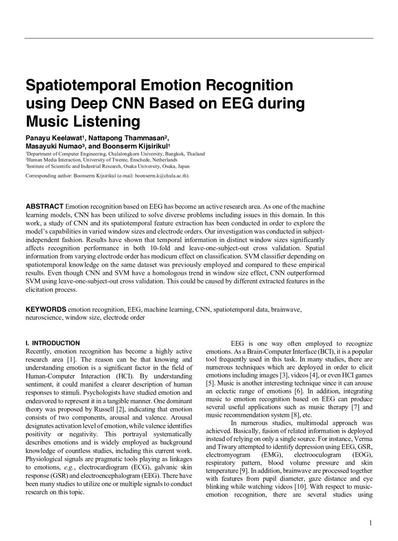 Spatiotemporal Emotion Recognition Using Deep Cnn Based On Eeg During Music Listening Deepai