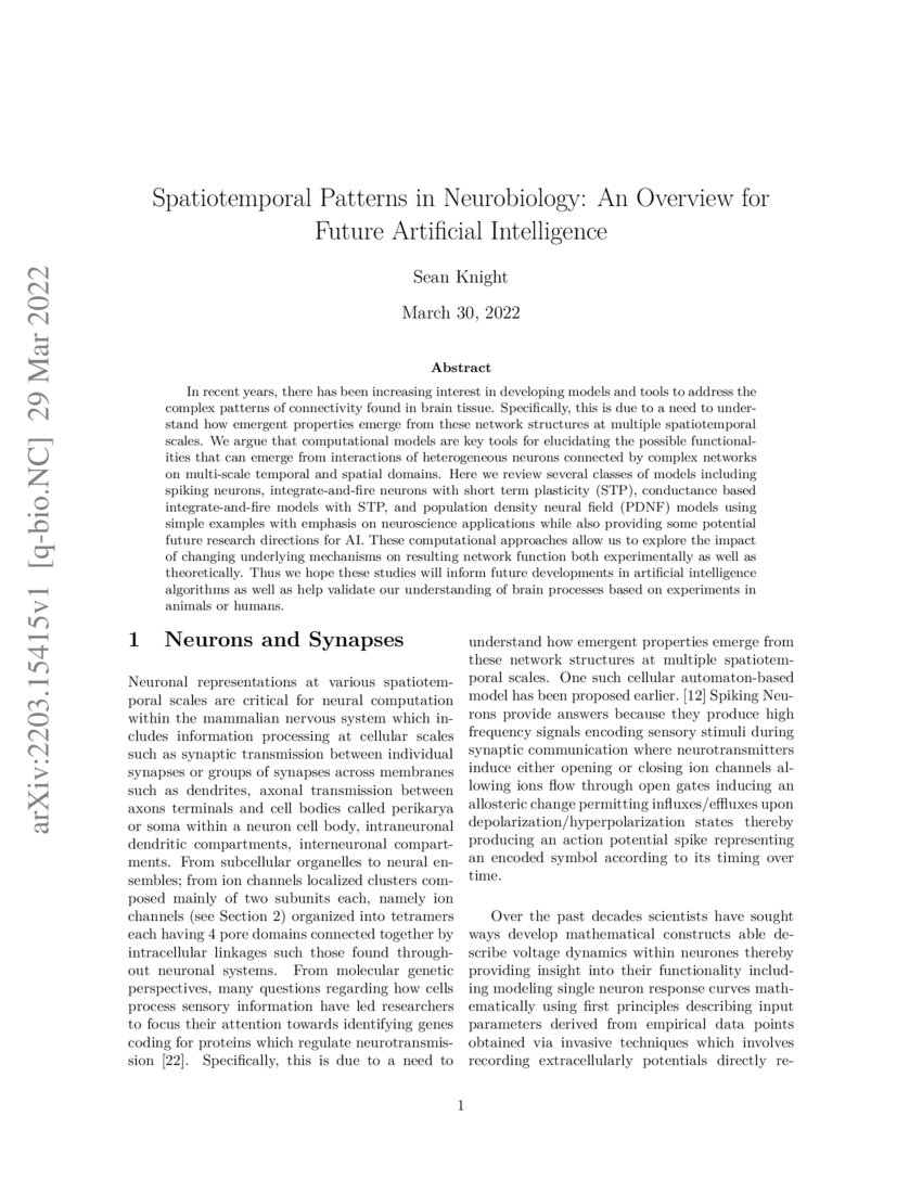 Spatiotemporal Patterns In Neurobiology An Overview For Future