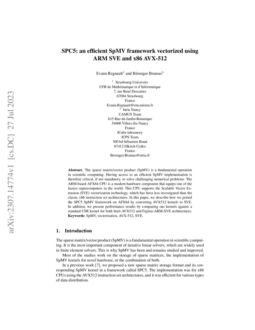 SPC5: an efficient SpMV framework vectorized using ARM SVE and x86 AVX-512 | DeepAI