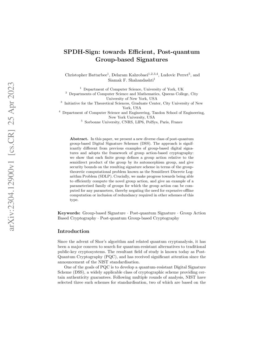 SPDH-Sign: towards Efficient, Post-quantum Group-based Signatures | DeepAI SPDH-Sign: towards Efficient, Post-quantum Group-based Signatures | DeepAI
