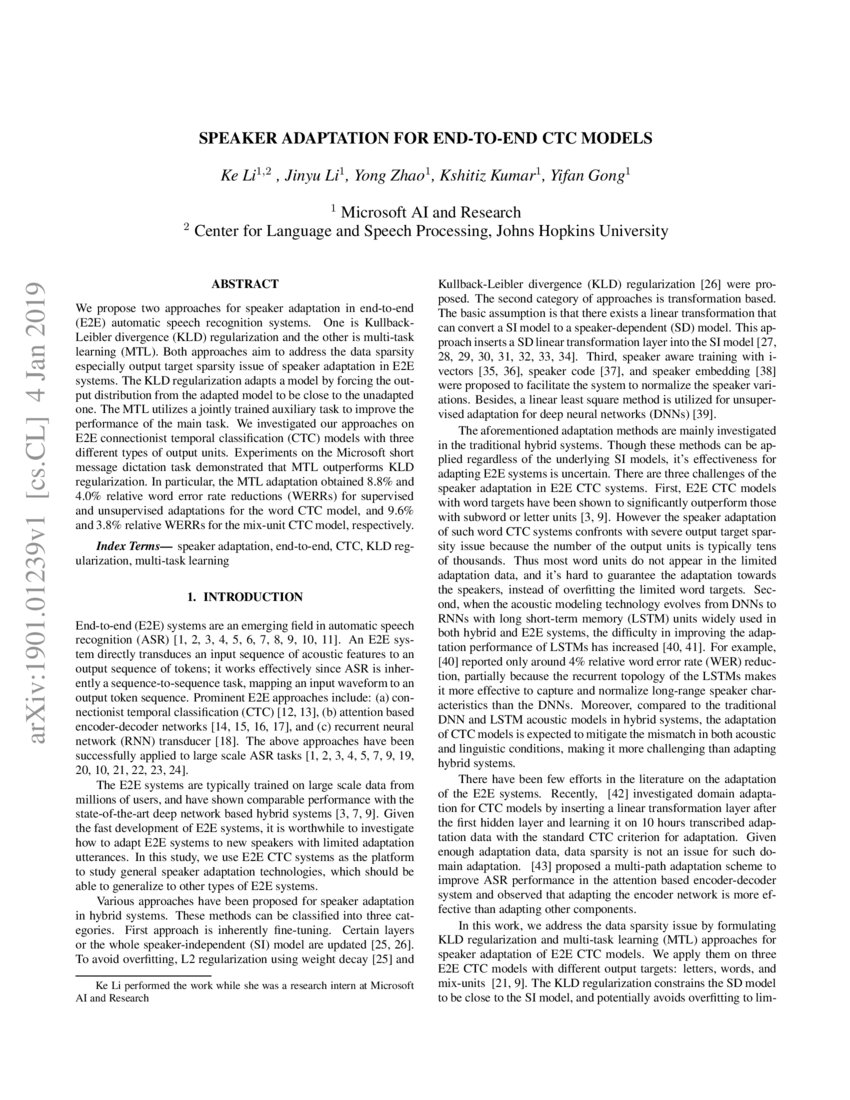 Speaker Adaptation for End-to-End CTC Models | DeepAI